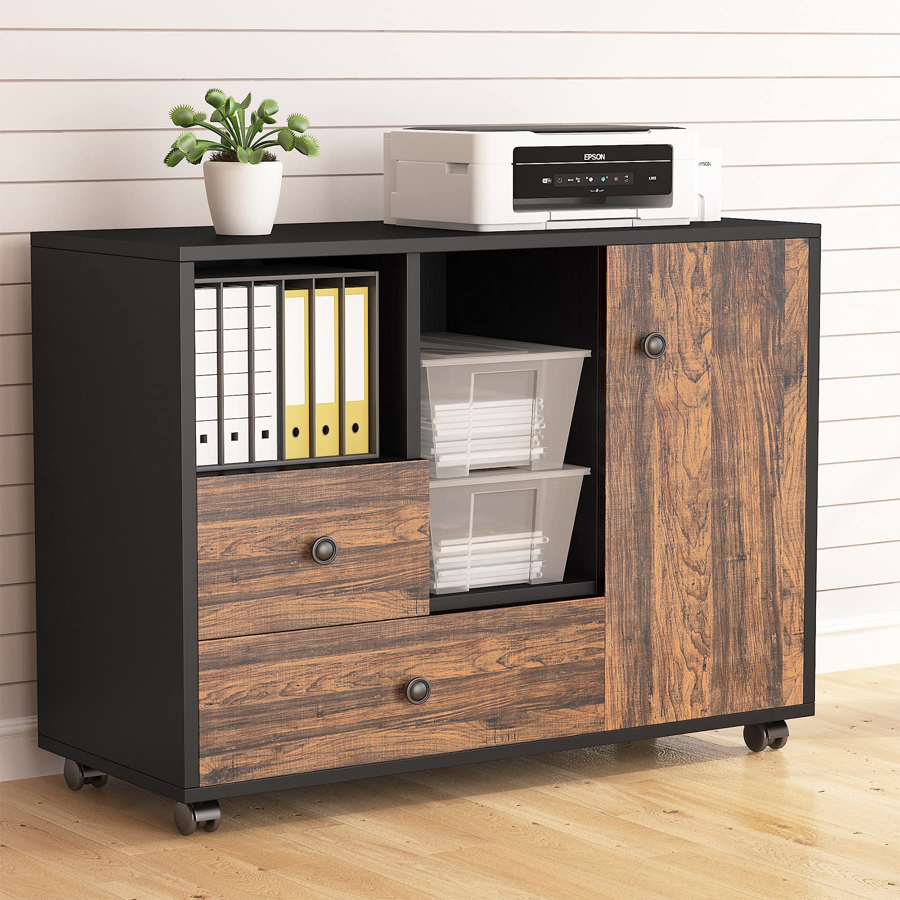 Tribesigns Lateral File Cabinet 2 Drawer,Wood Filing Cabinet with Wheels,Printer Stand with Storage Shelves for Home Office,Black & Brown