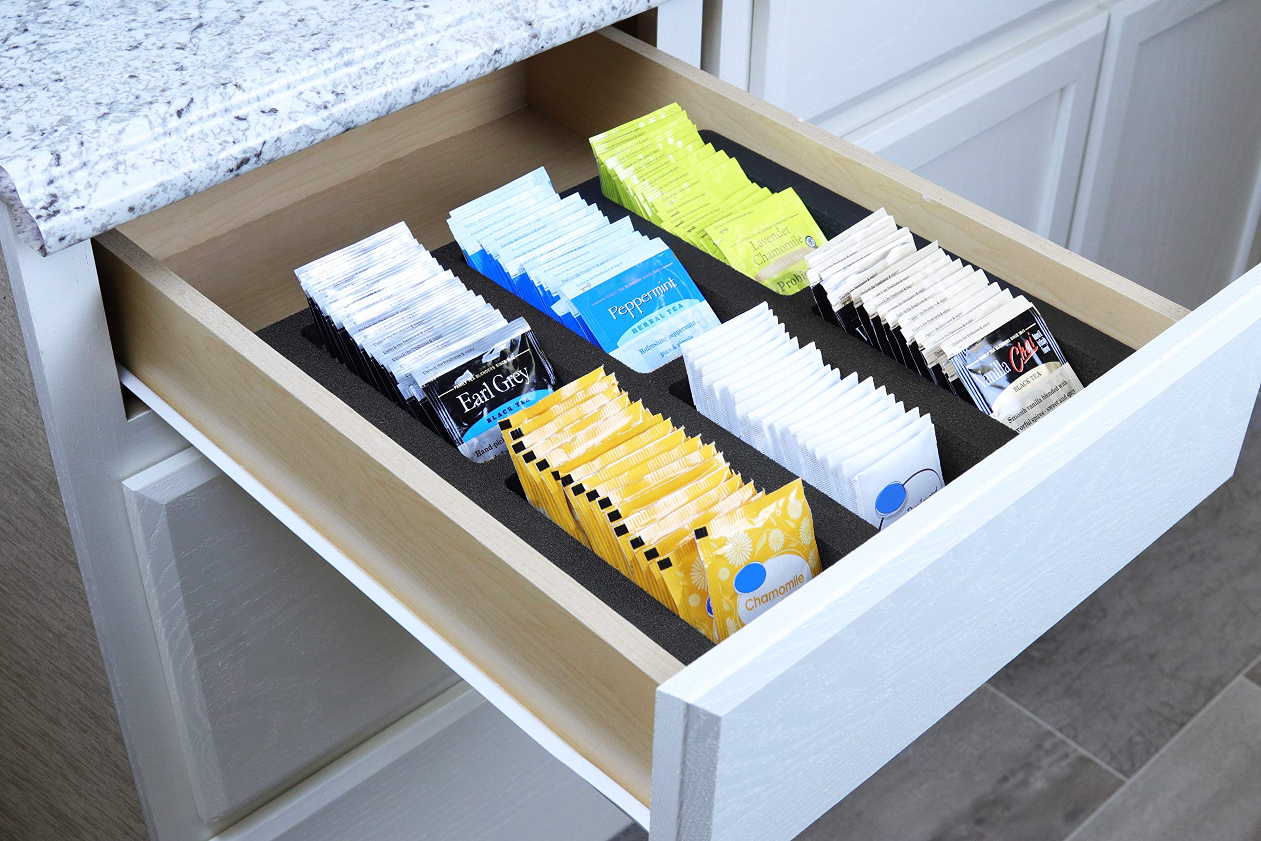 Polar Whale Tea Bag Storage Deluxe Organizer Tray Drawer Bin Insert for Kitchen Home Office Condiments Packets Waterproof Washable Black Foam 6 Compartment 12.5 X 12.5 Inches