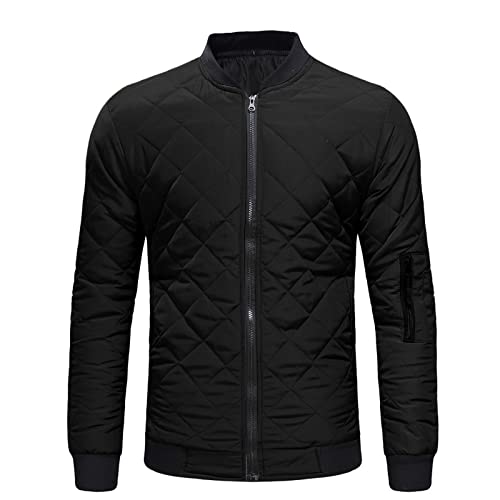 WENKOMG1 Mens Diamond Quilted Jacket,Solid Lightweight Bomber Jacket Winter Fall Varsity Slim Fit Athletic Outerwear,Padded Water Resistant Puffer Insulated Jacket Flight Jacket(Black,XX-Large)
