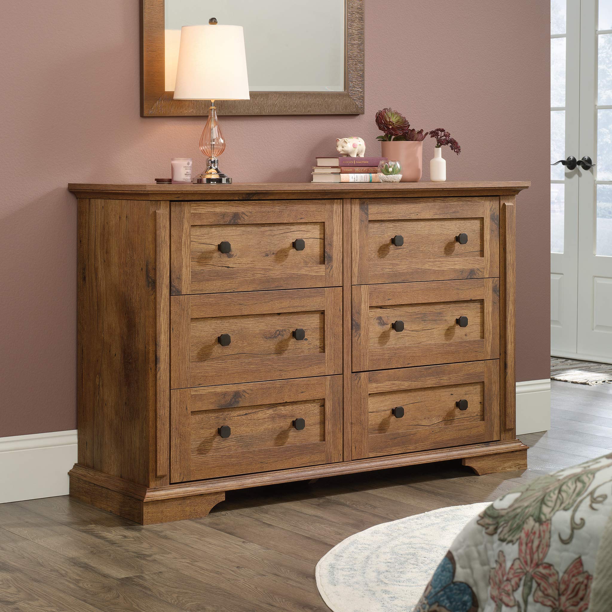 Sauder New Grange Dresser, L: 55.75" x W: 17.09" x H: 35.75", Vintage Oak Finish