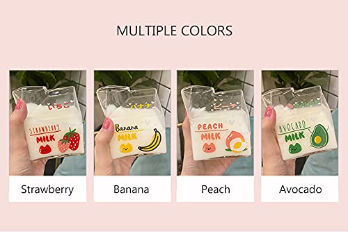 YYSS 380ml Kawaii Milk Glass Cup Creative Square Clear Milk Carton Water Bottle Wholesale Cute Fruit Heat Resistant Breakfast Cups (Peach, 300-400ml)