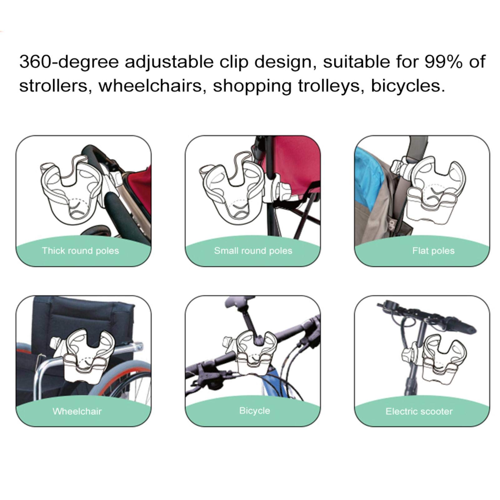 Stroller Cup Holder, Universal Cup Holder Rack, 2 in 1 Bottle Holder for Buggy Pushchair Wheelchair Bike and More
