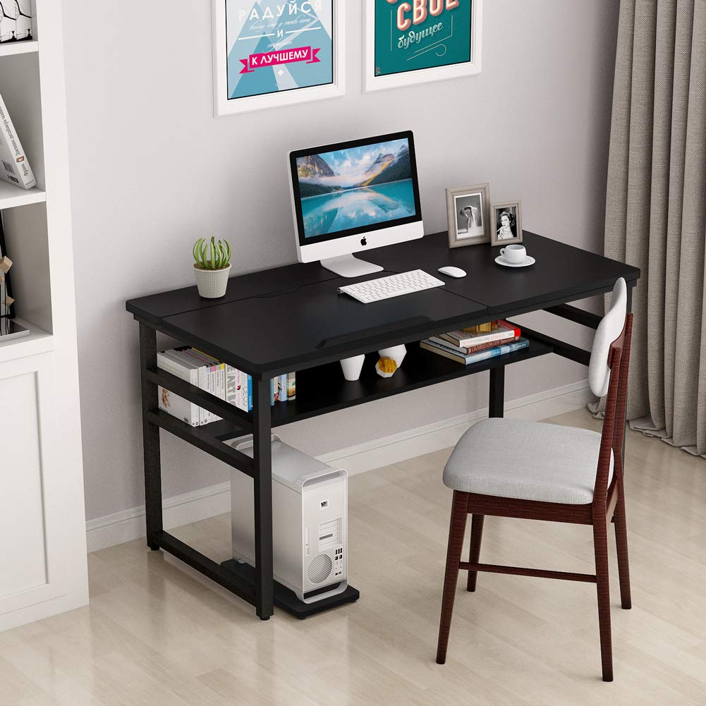 Tribesigns Modern Drafting Desk Drawing Table with Storage Shelf, 55 inch Large Computer Desk Writing Desk Craft Workstation with Tiltable Tabletop for Artist, Home Office (Black)