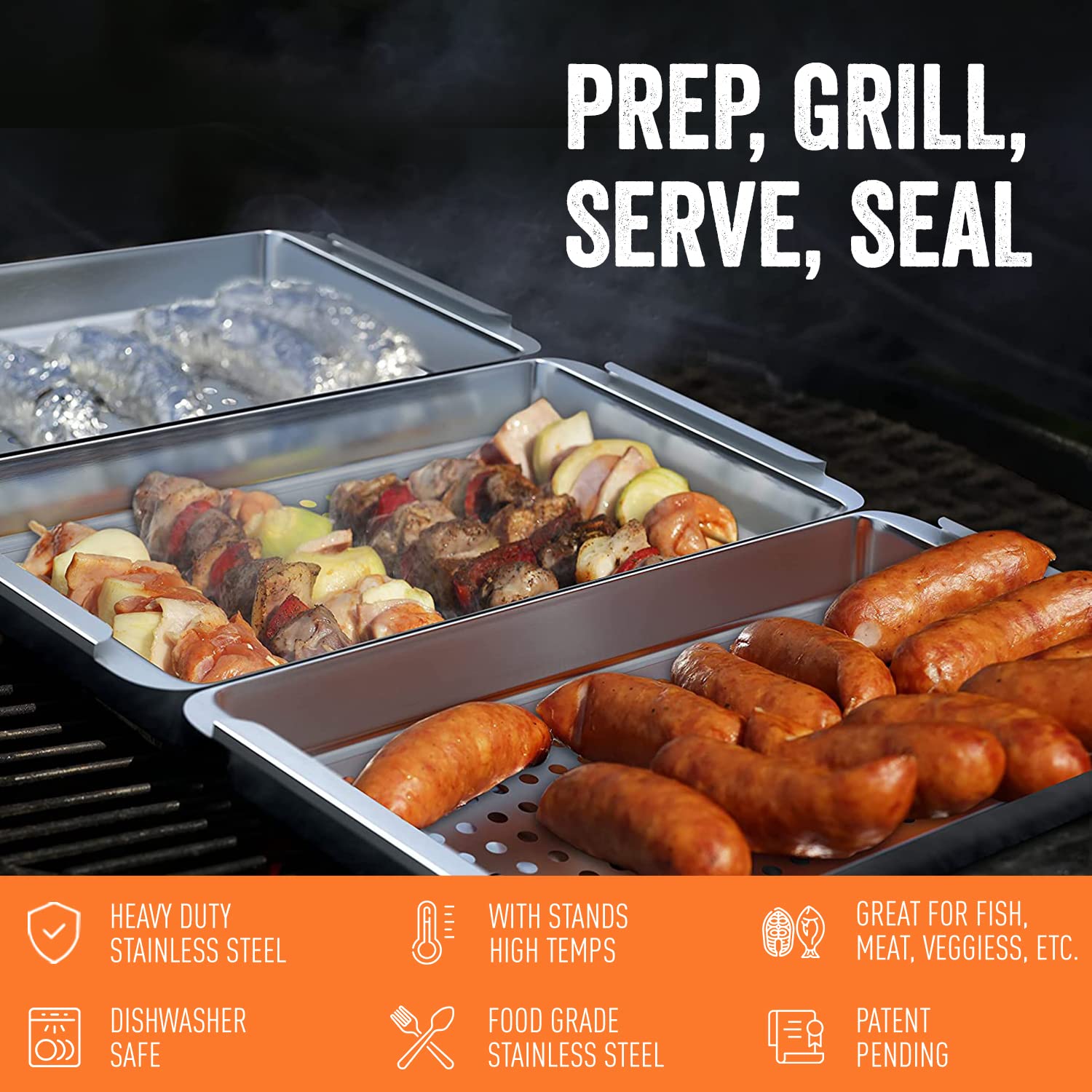Yukon Glory™ BBQ 'N SERVE Premium Set, Includes 3 Grill Baskets, Serving Tray, Bamboo Cutting Board, Plastic Lid and Clip-on Handle