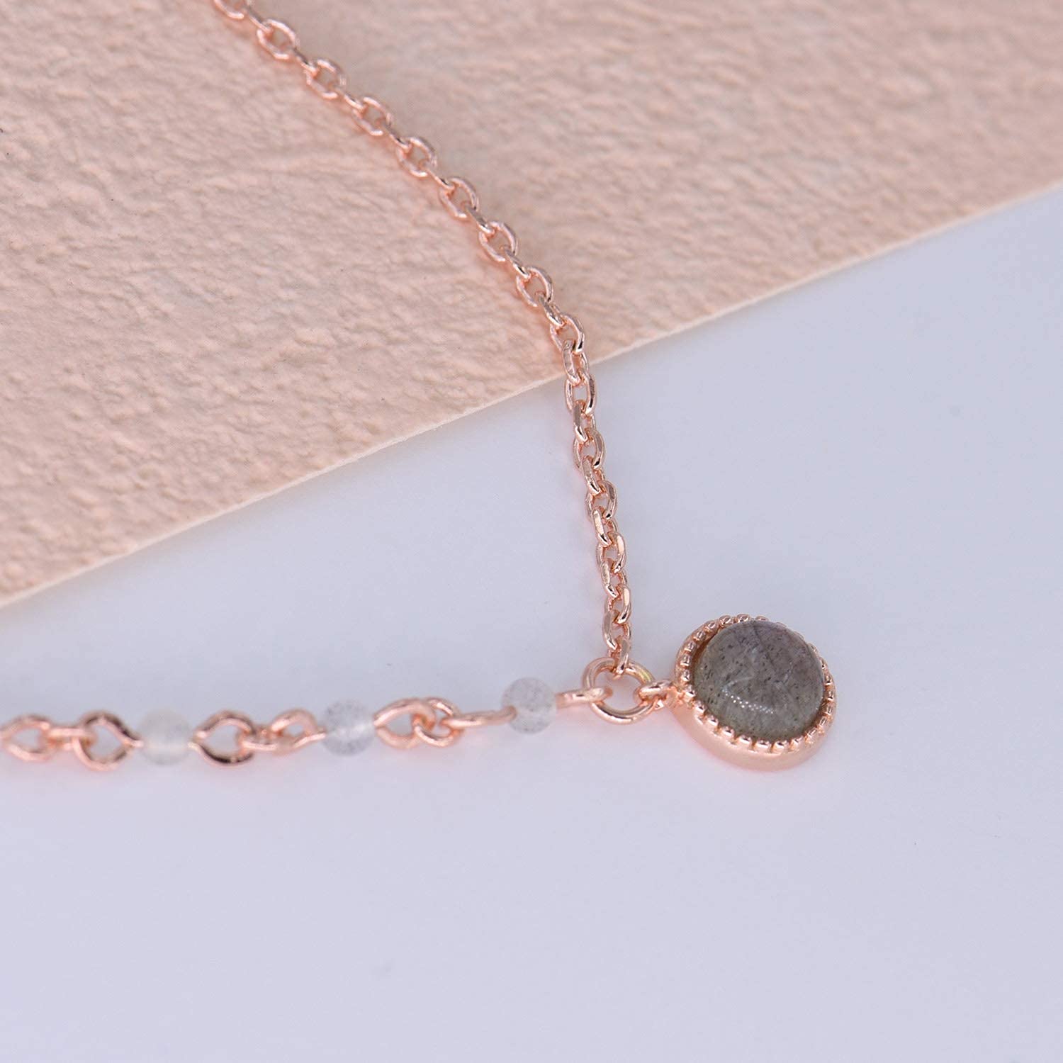 Rose Gold Bracelet [ 18K Vermeil ] Natural Grey Moonstone Dainty Charm