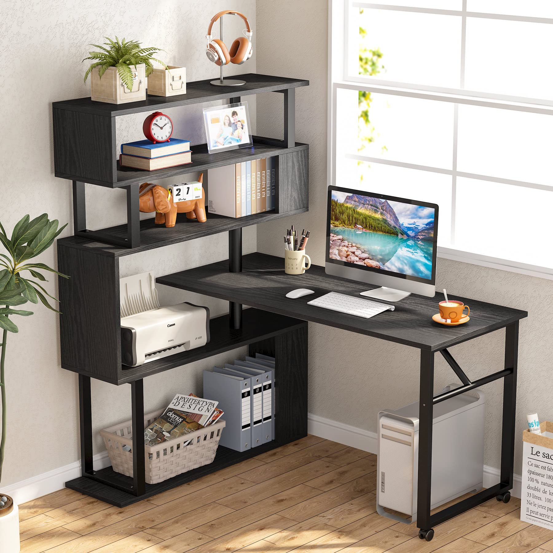 Tribesigns Rotating Computer Desk with 5 Shelves Bookshelf, Modern L-Shaped Corner Desk with Storage, Reversible Office Desk Study Table Writing Desk with Wheels for Home Office (Matte Black)