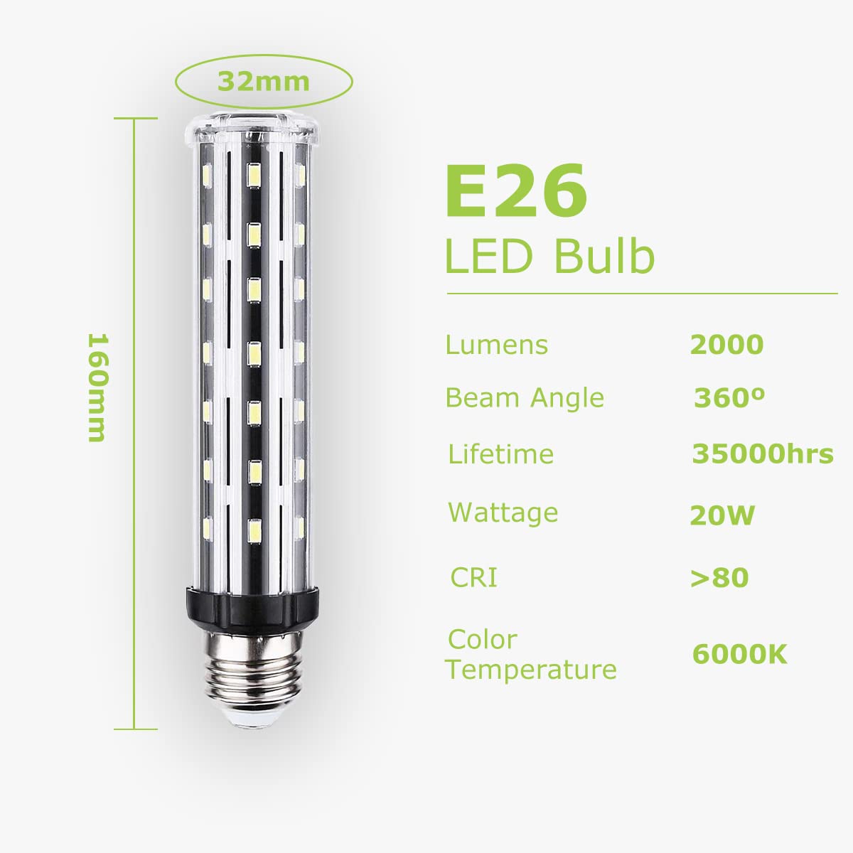 Wenscha E26 LED Corn Light Bulb, 20W T10 LED Light Bulbs 150Watt Equivalent 6000K Daylight White 2000 Lumen Super Bright LED Desk Lamp Aquarium Pendant Light Tubular Bulb, Non-Dimmable Pack of 4