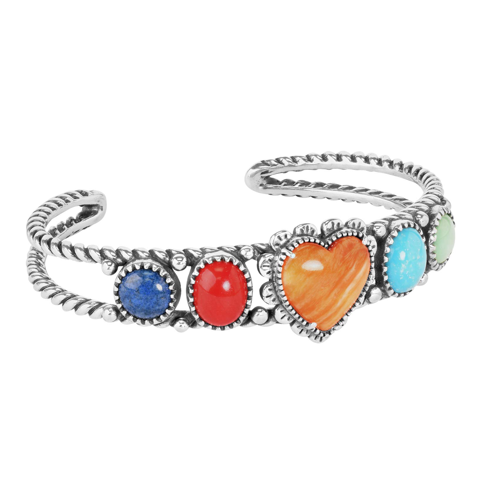 Sterling Multi-Color Gemstones and a Orange Spiny Heart 5-Stone Rope Cuff Bracelet Size L