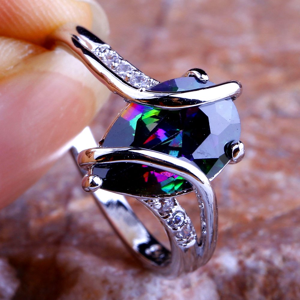 Psiroy 925 Sterling Silver Plated Simulated Rainbow Topaz Pear Shaped Promise Ring Size 8