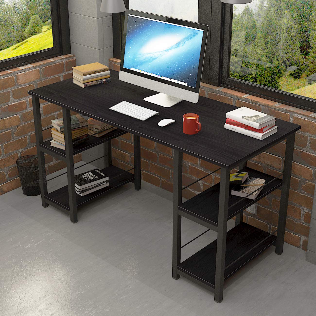 SogesGame Computer Home Office Desk, 55 Inch Study Writing Table with Storage Shelves, Modern Simple Style PC Desk, Black