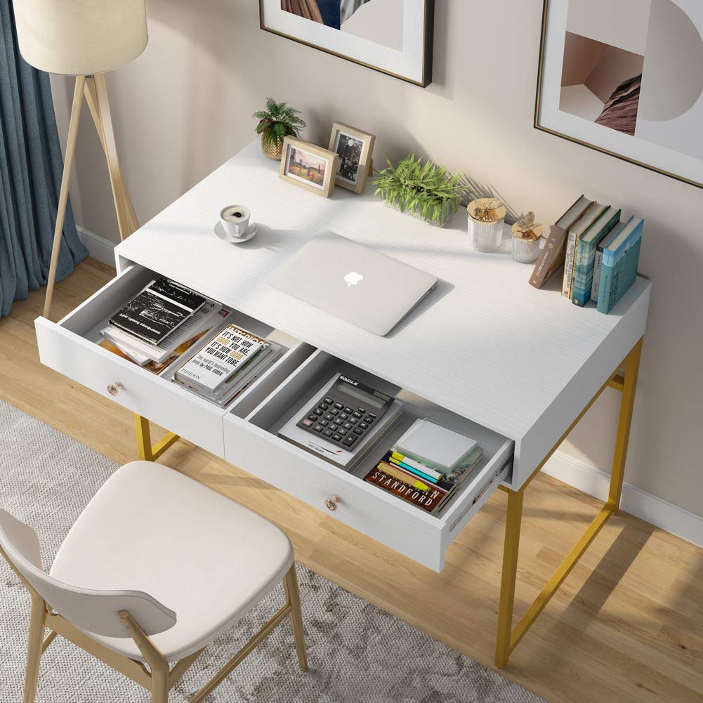 TRIBESIGNS WAY TO ORIGIN 47" Computer Desk with 2 Drawers, Modern Simple Laptop Desk Writing Desk, Multifunctional White Desk Makeup Vanity Table for Home Office (White/Gold)