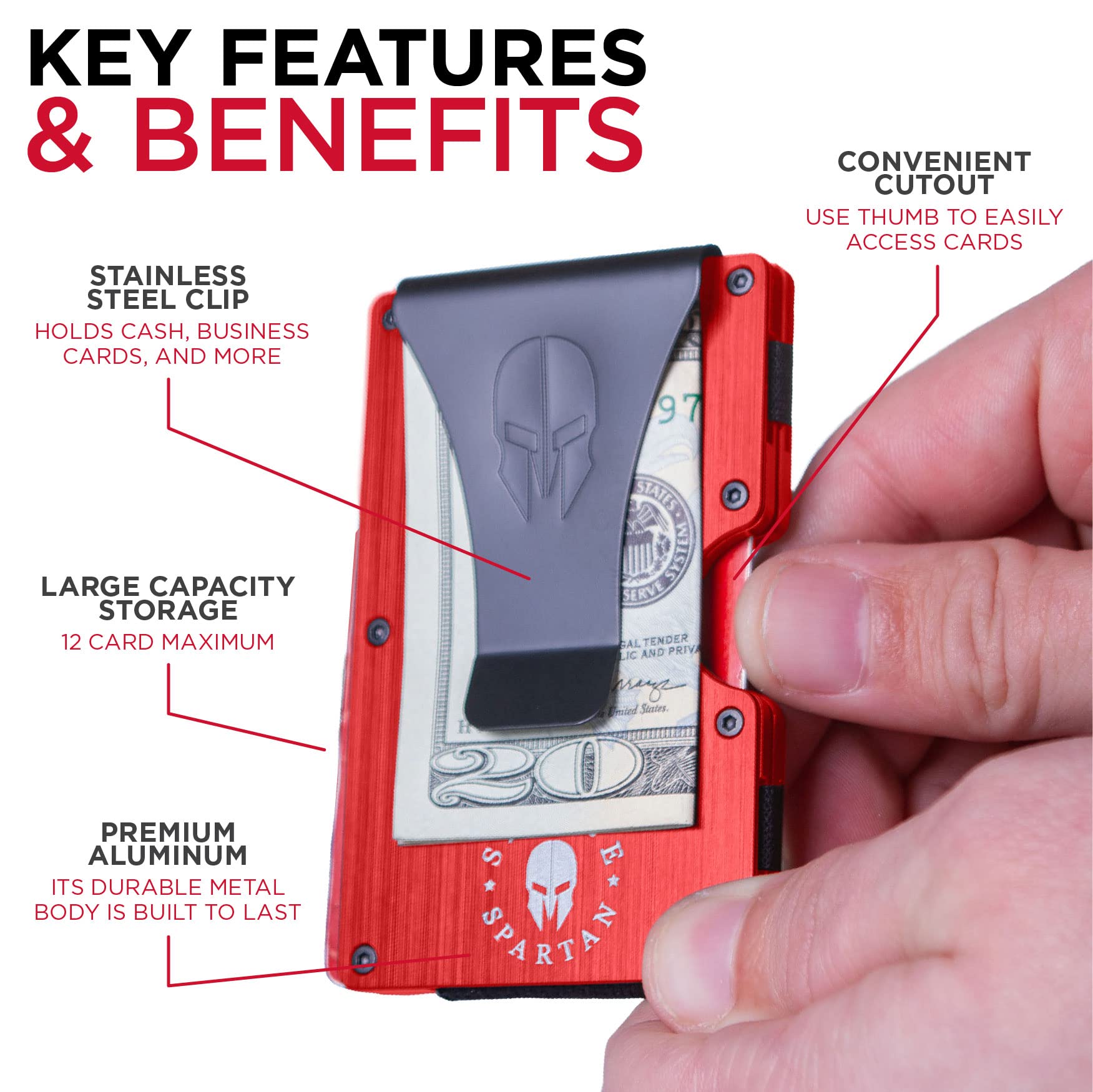 SAVAGE SPARTAN Tactical Wallet | Slim Minimalist RFID Blocking Aluminum Metal Credit Card Holder with Money Clip for Men (Red)