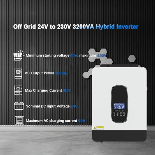 Y&H 3200W Solar Hybrid Inverter DC24V to AC230V,Off-Grid Pure Sine Wave Inverter with 80A MPPT Solar Charger+AC Charger,Max PV 3000W DC55-450V Input,fit for 24V Lead-Acid/Lithium Battery