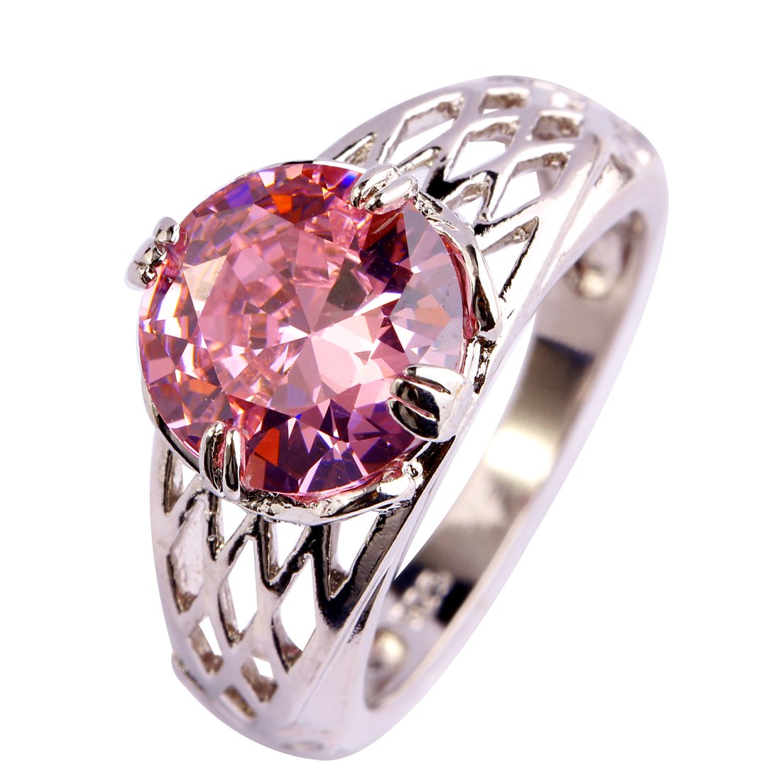 Psiroy 925 Sterling Silver Plated Round Simulated Pink Topaz Solitaire Promise Ring for Women Size 9