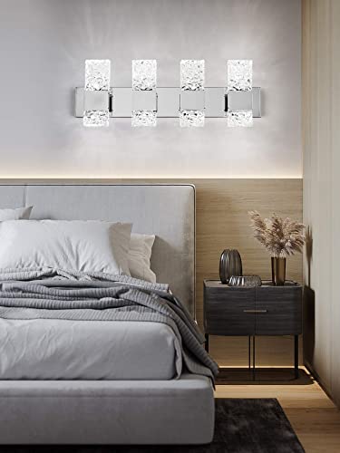 OYLYW Modern LED Bathroom Vanity Light Fixtures Chrome Stainless Steel 4 Light Wall Sconces for Bathroom Lighting Fuxture Over Mirror 28 Inch 40w LED Crystal Wall Light Cool White 5800K