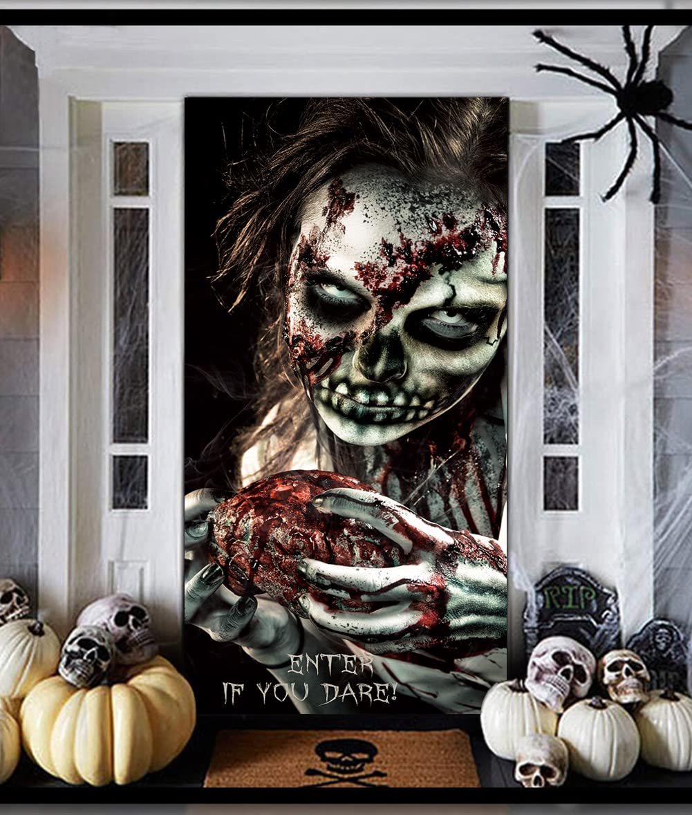 Terrible Halloween Party Door Cover Banner Scary Halloween Party Decoration Supplies Horror Halloween Party Decoration for Front Door Wall Window Halloween Haunted House Door Cover Enter If You Dare