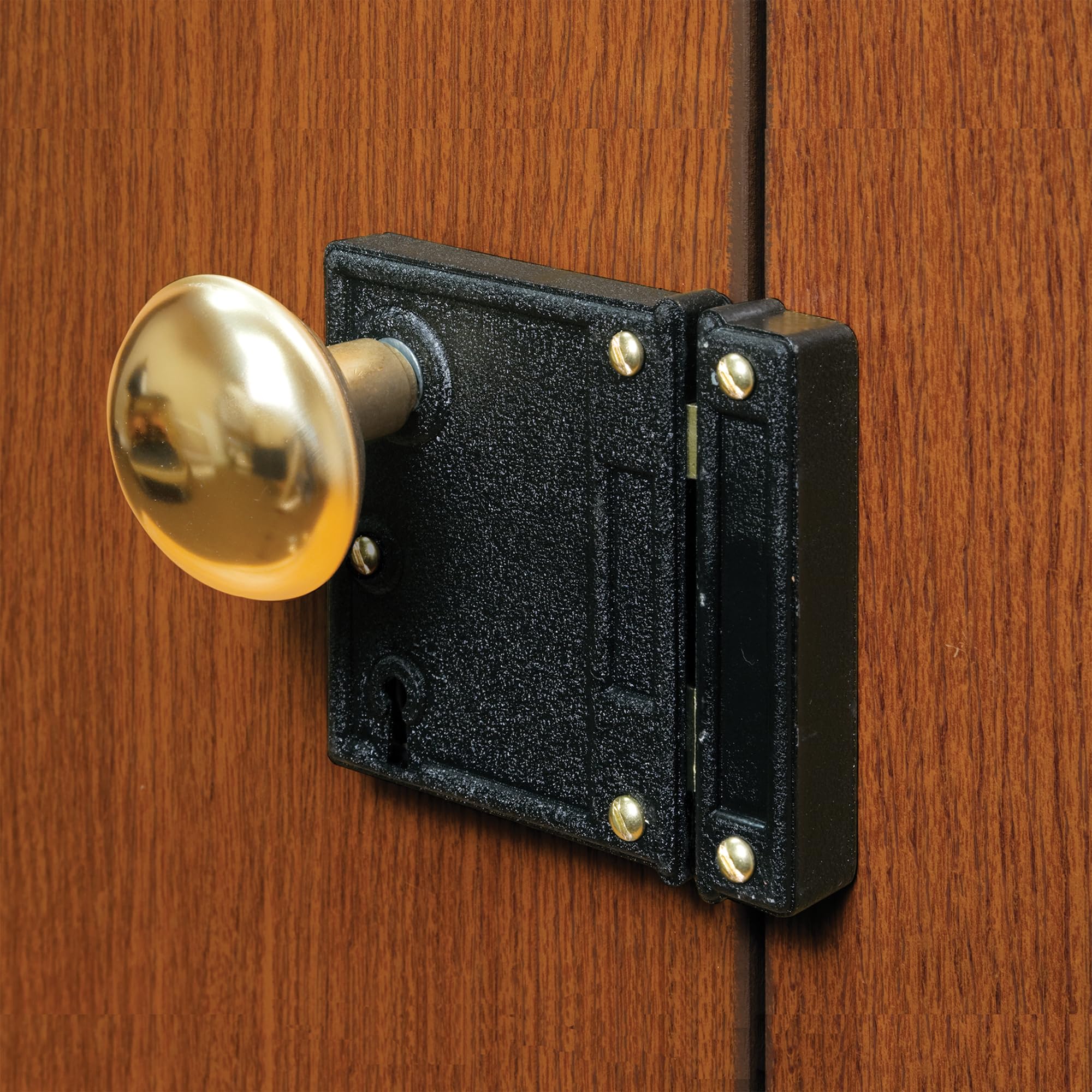 Prime-Line E 2437 Vertical Trim Vintage Lock Set – Cast Steel, Brass Plated Knobs, Antique Skeleton Key Lock System – 2-1/2” Backset, Surface Mounted, Right-Hand Swing-In Interior Doors (Single Pack)