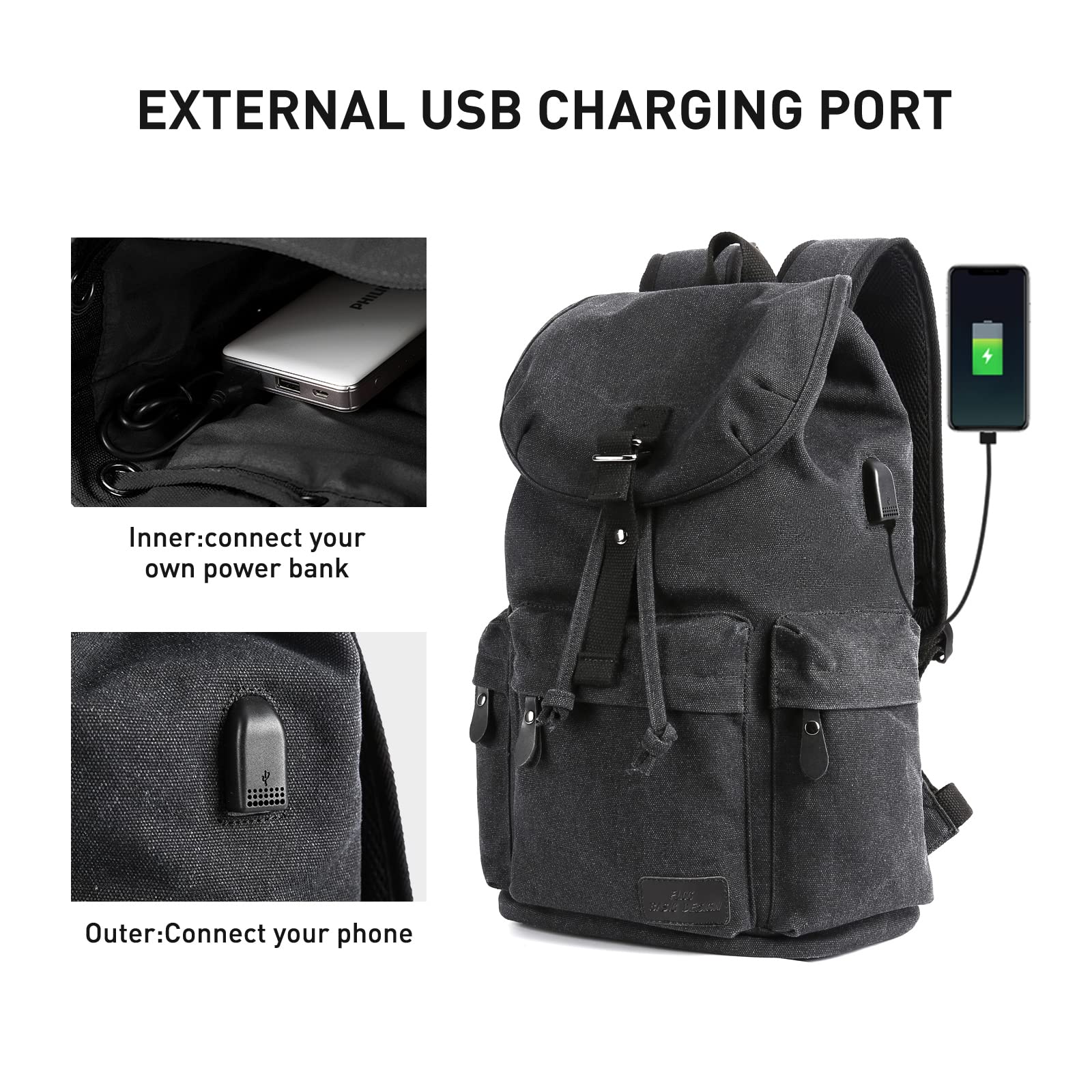 SYCNB Canvas Vintage Backpack for Men Women,Travel Laptop Backpack with USB Charging Port,Rucksack Fits 15.6 Inch Laptop