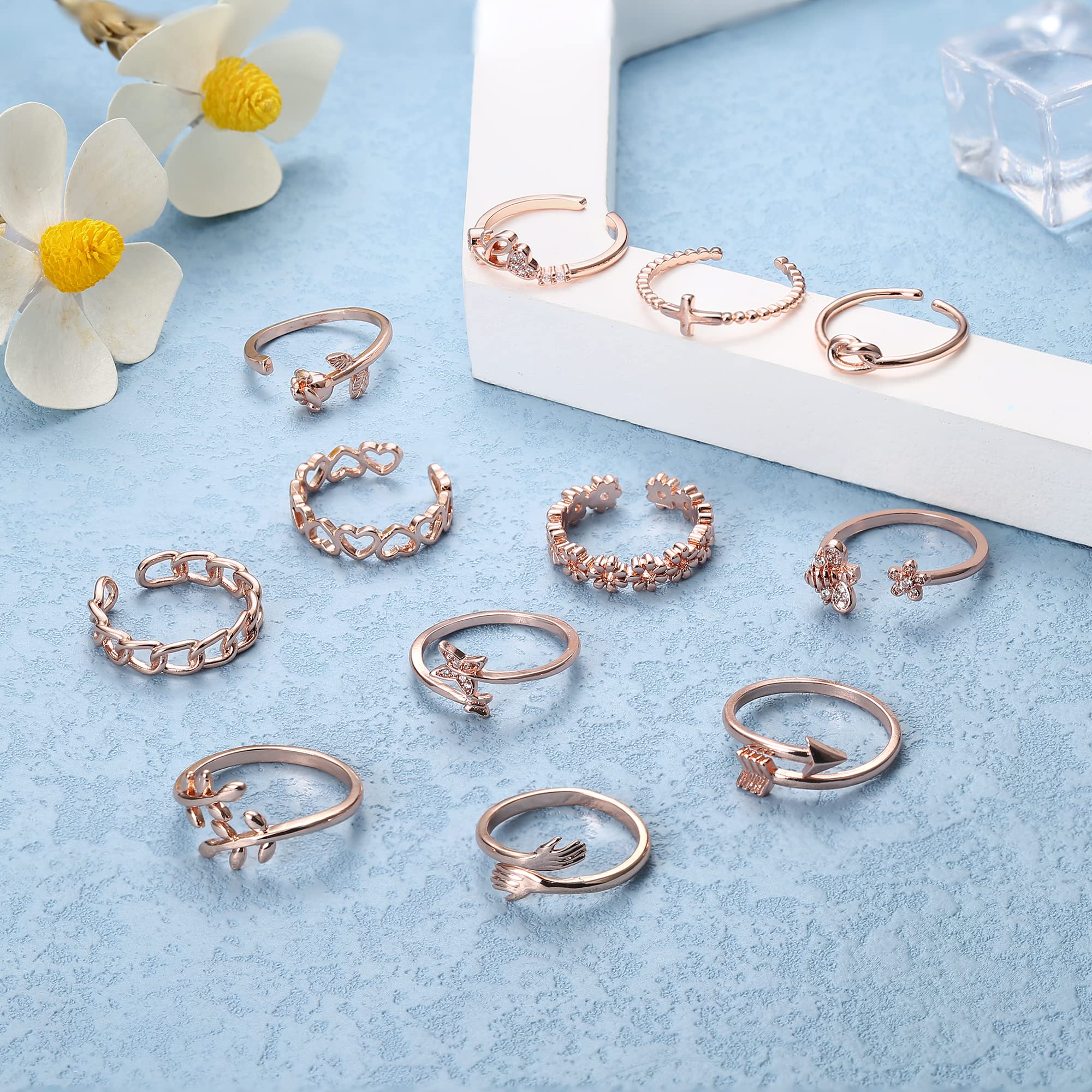 YADOCA 12PCS Adjustable Toe Rings for Women Stackable Knuckle Thumb Rings Set Open Arrow Knot Flower Bee Stacking Tail Pinky Band Rings Pack Summer Beach Foot Jewelry Rose Gold
