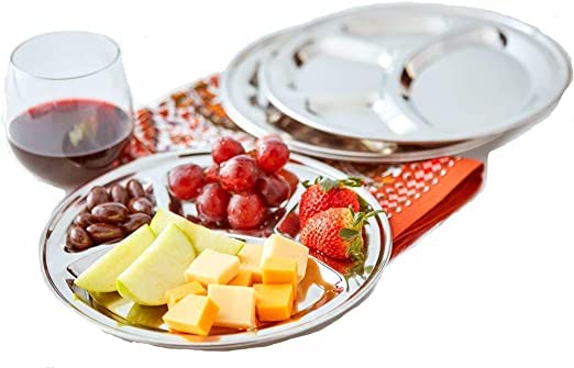 WhopperIndia Stainless Steel Round Dining Plate 4 Compartment Thali, stainless steel compartment plates , ss mess tray , Plates for Dinner Fruitss, Kitchen Dining Table Plate 4 Pcs 11.5 Inch