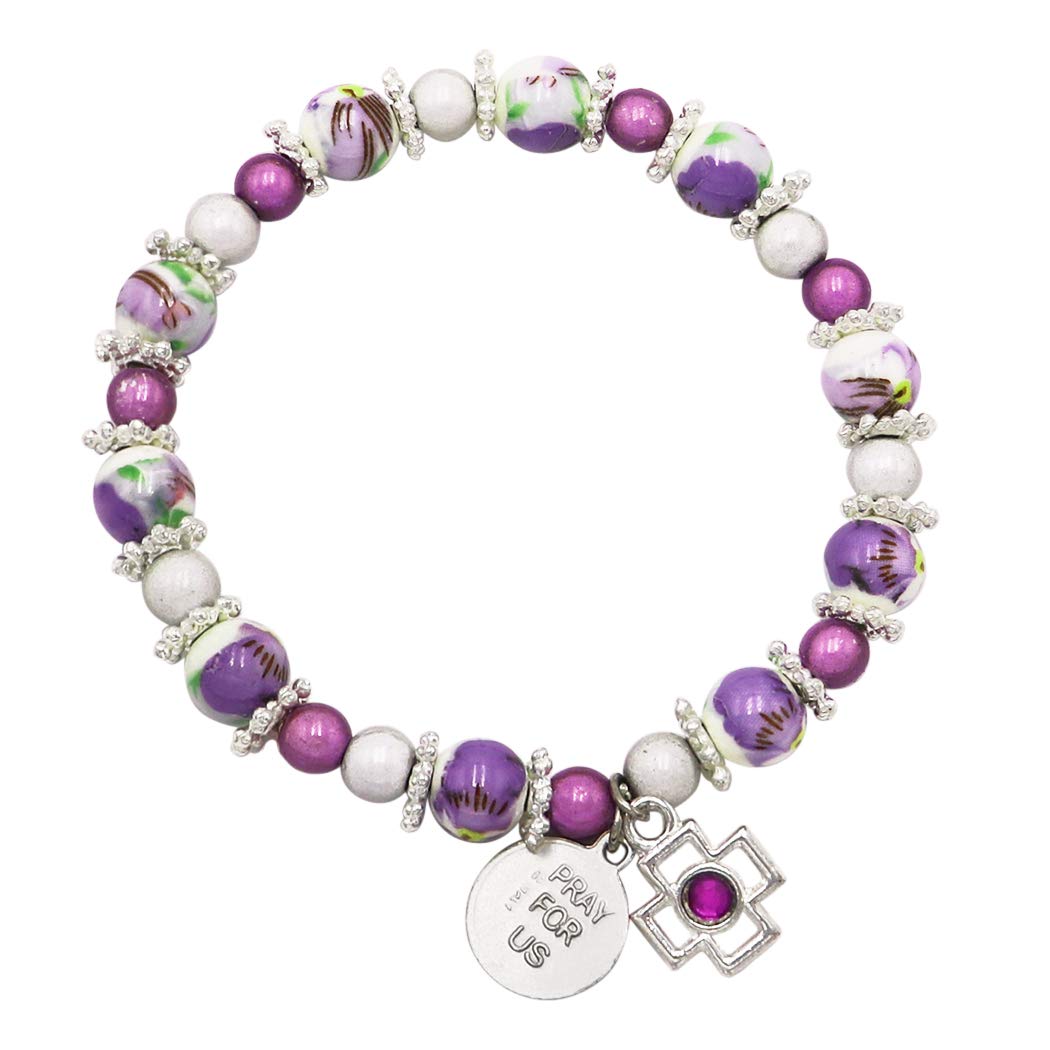 Rosemarie & Jubalee Women's Religious St Dymphna Purple and White Ceramic Bead Stretch Bracelet
