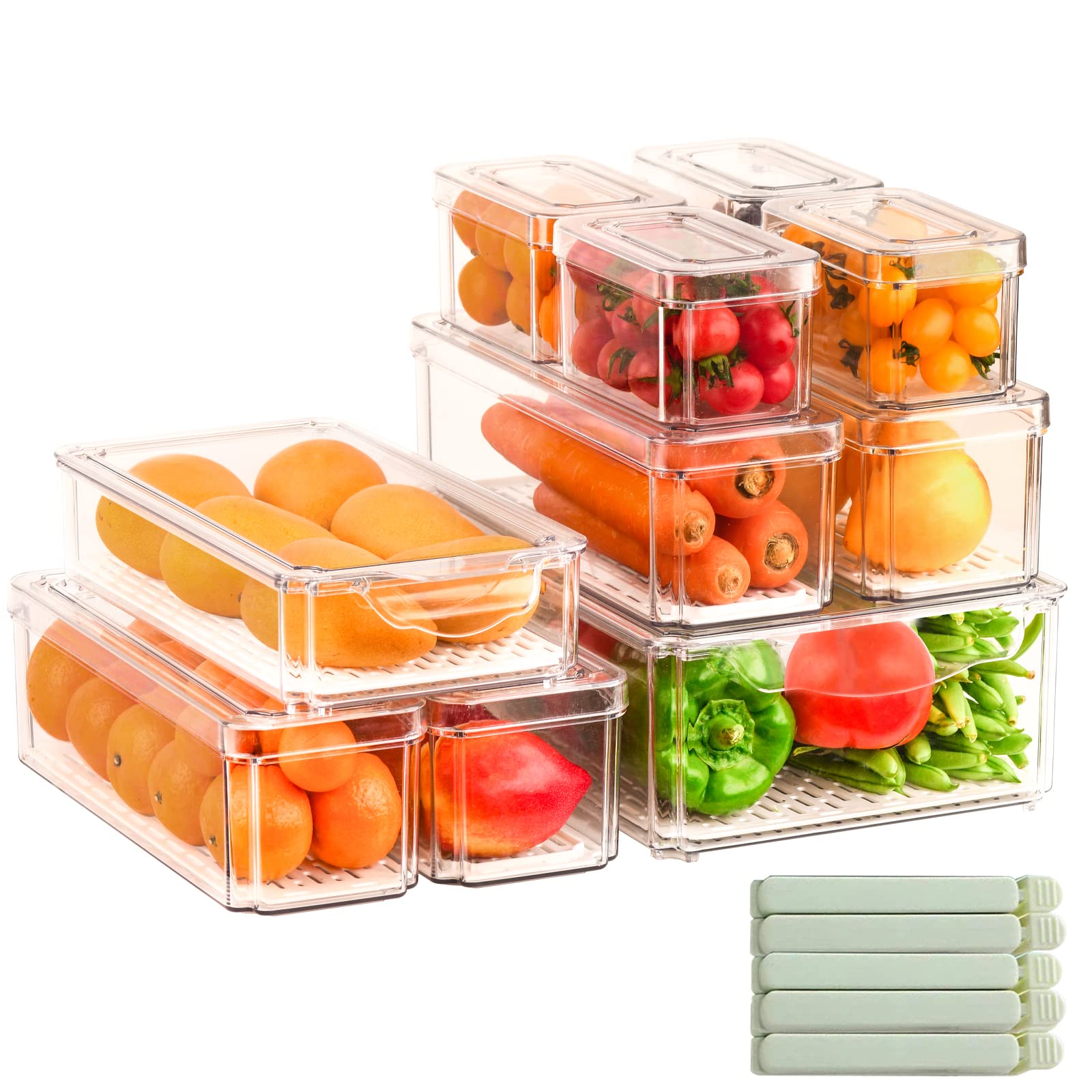 Yustuf 10-pack Stackable Refrigerator Organizer Bins with 6 Liners, Fridge Organizers and Storage Clear with Lids Plastic Fruit Vegetable Storage Containers with 5pcs Sealing Clips