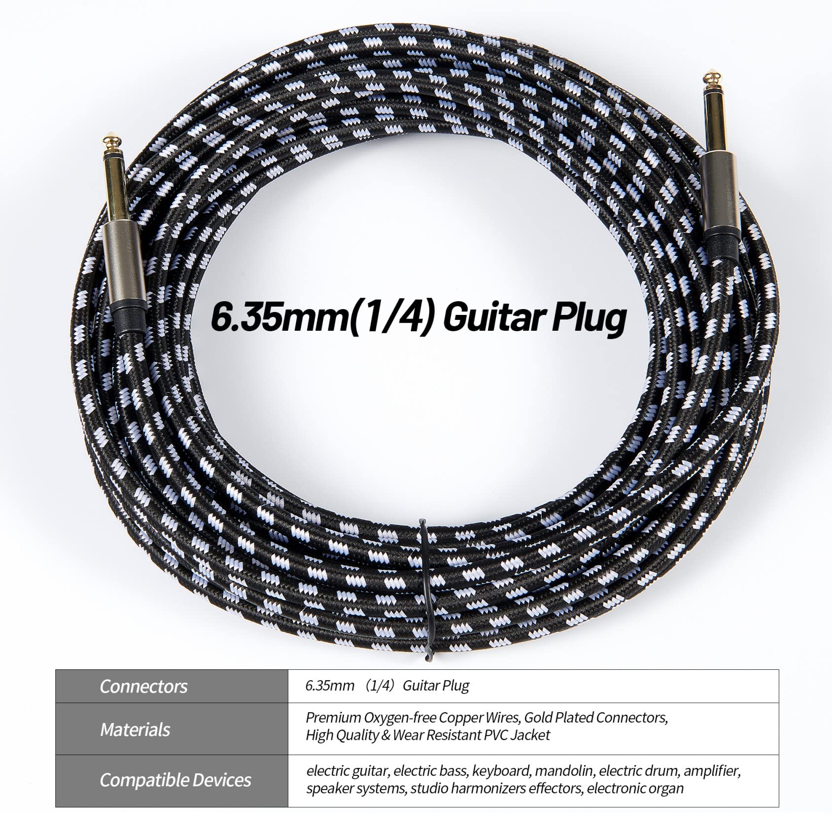 Sound harbor Guitar Cable, Guitar Amp Cord, 6.5 ft Electric Guitar Instrument Cable, 1/4 Bass Guitar Cable