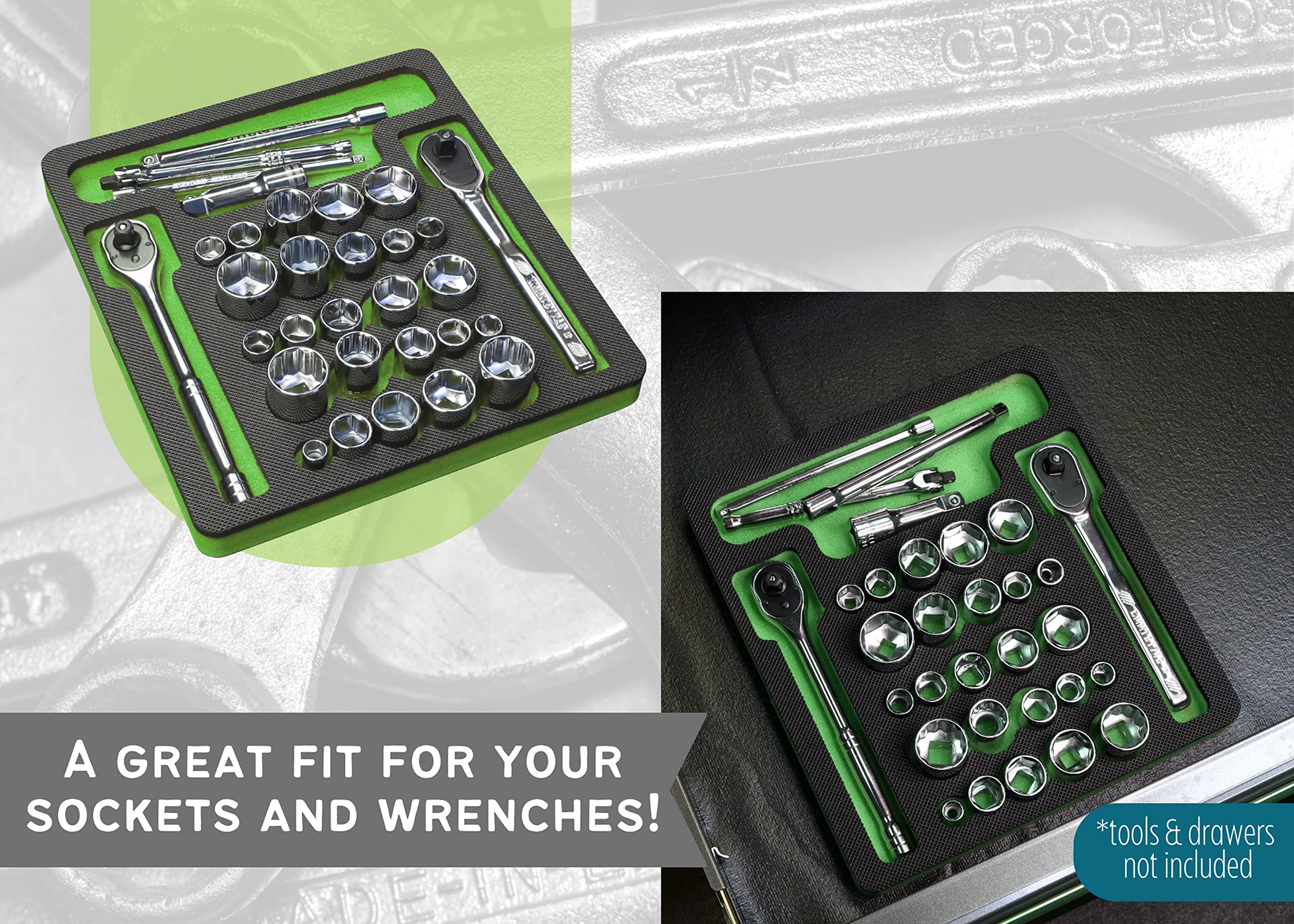 Polar Whale Tool Drawer Organizer Socket Holder Insert Green and Black Durable Foam Strong Tray Holds 25 Sockets and More Fits Craftsman Husky Kobalt Milwaukee and Many Others