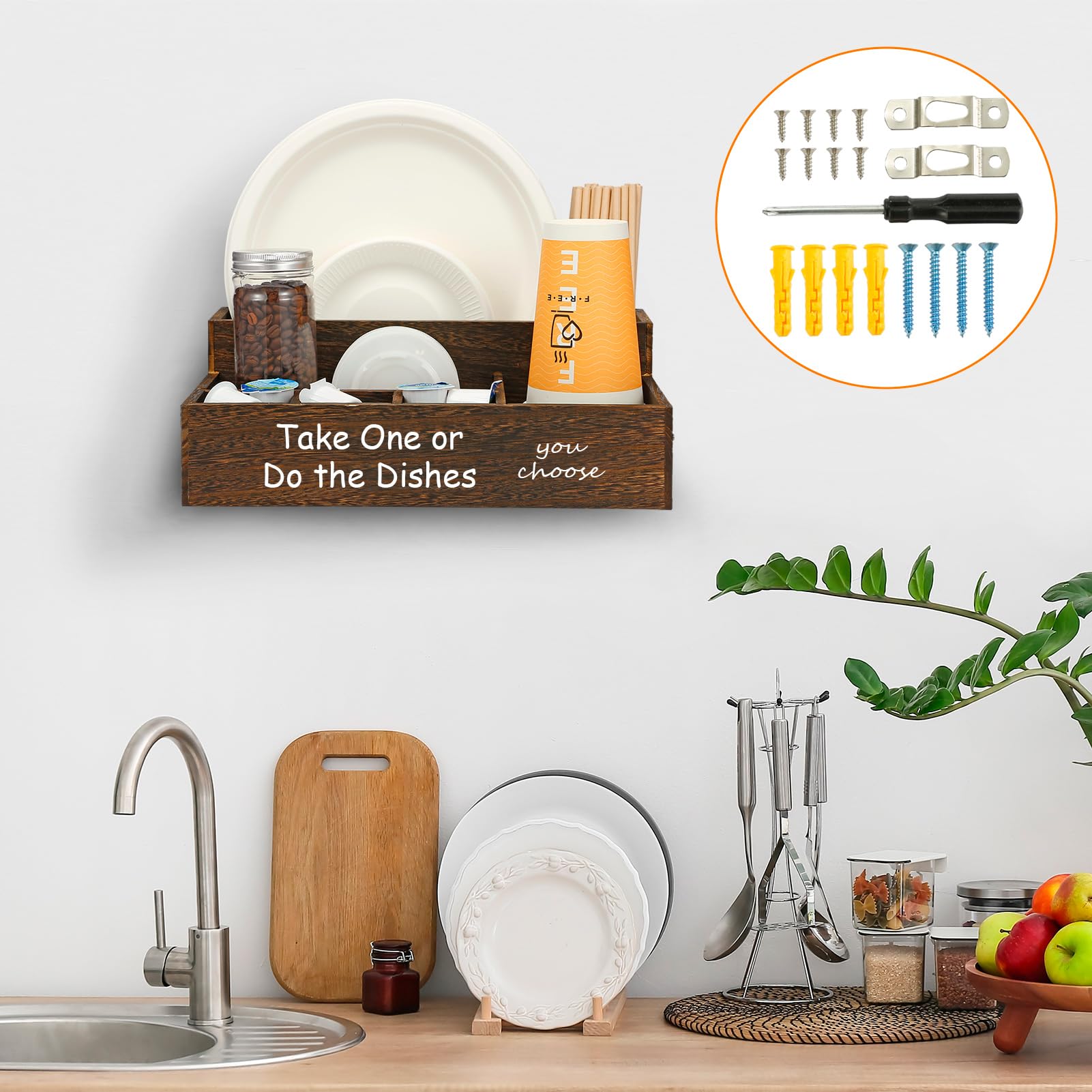Stahala Paper Plate Holder for Kitchen Counter,Wood Utensil Caddy Organizer,Kitchen Silverware Caddy Holder for Cups,Forks,Spoons,Plates,Napkins,Utensil Holder Paper Plate Dispenser (Big Brown)