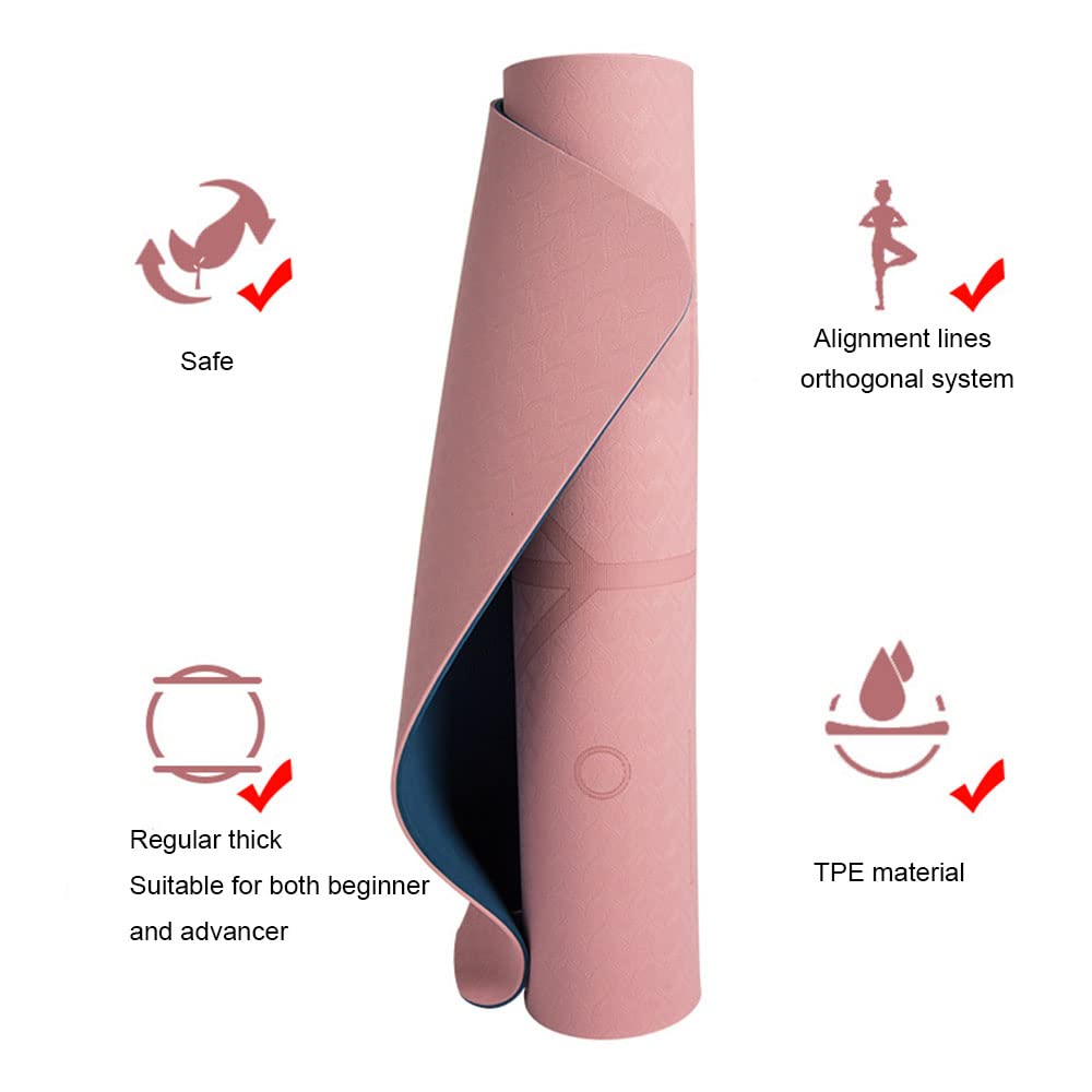 Yoga Mat Double-Sided Color Non-Slip Fitness Mat with Alignment Marks 72”×31.5”×0.3” (Sakura pink+Blue)
