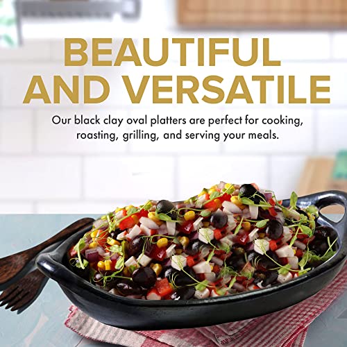 Toque Blanche Authentic Chamba Black Clay Oval Platter - Clay Serving Platter with Handles - Serving Platters and Trays for Parties - 12"