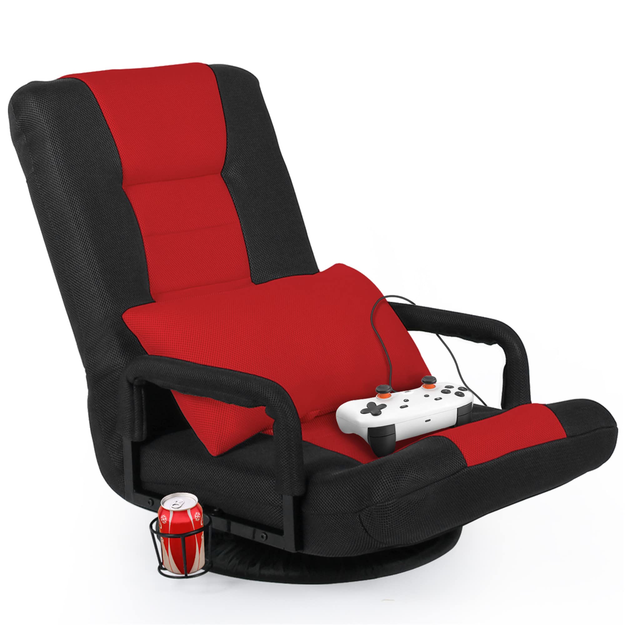 STHOUYN 360-Degree Swivel Gaming Recliner Floor Chair Video Game Chair Armrest, Comfy 6-Position Foldable Adjustable Backrest Red and Black (Red)