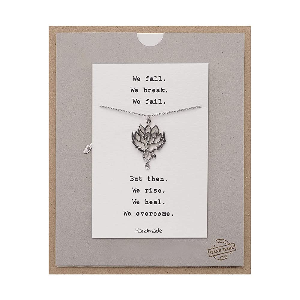 QUINNLYN & CO. Phoenix Om Lotus Flower Pendant Necklace, Handmade Gifts for Women with Inspirational Quote on Greeting Card, Stainless Steel