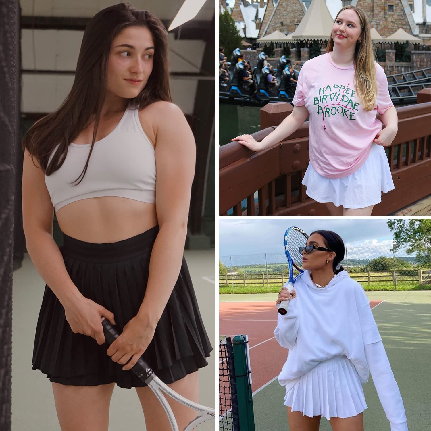 YOLIX Womens Pleated Tennis Skirt, White Golf Skort with Pockets for Running Workout