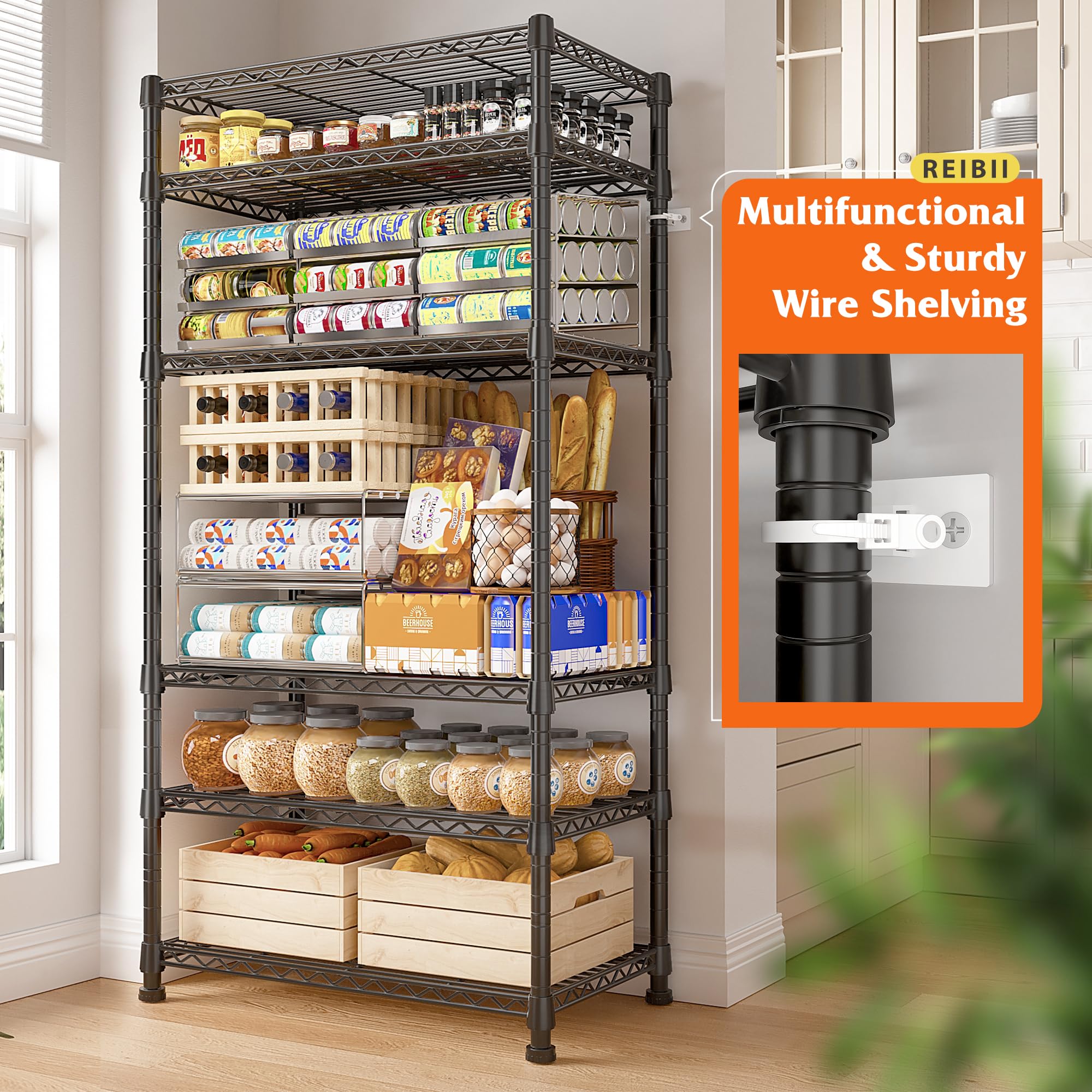 REIBII 6-tire Wire Shelving Rack,Storage Shelves Metal Shelves for Storage Load 1000 LBS,Heavy Duty Shelving Unit with Wire Shelf Adjustable Pantry Shelf Bathroom Kitchen Garage Black 24" Wx14 Dx71 H