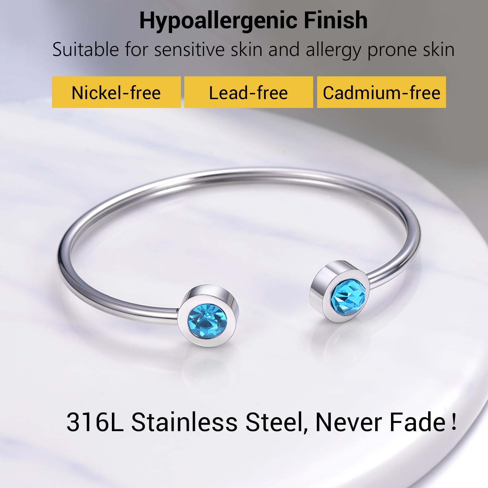 PROSTEEL Crystal Bracelet Blue March Birthstone Aquamarine Stainless Steel Womens Cuff Bracelets Bangle
