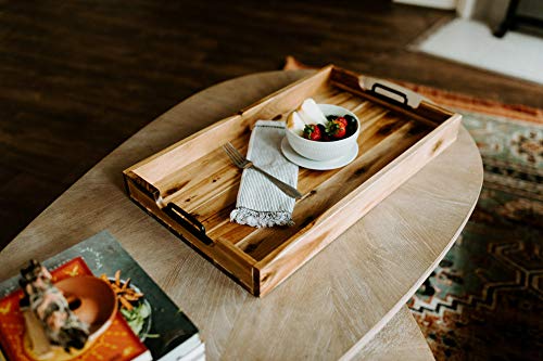 Villa Acacia Large Wood Serving Tray 24 Inch with Handles, Solid Wood, Light Finish