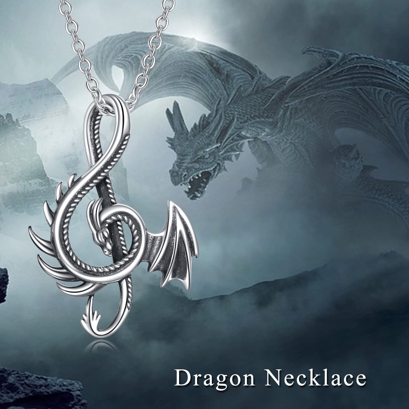 YAFEINI Dragon Necklace 925 Sterling Silver Music Note Aesthetic Pendant Chain Vintage Gift for Men Women
