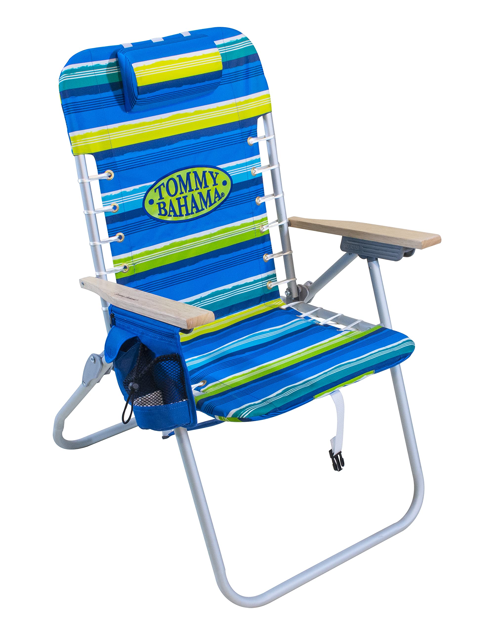 Tommy Bahama Hi-Boy 17" Seat Height 4-Position Lace-Up Suspension Folding Beach Backpack Chair, 1-Pack, Green and Blue Stripe