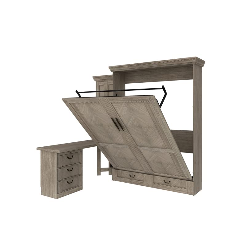 RoomAndLoft Imperial Queen Solid Wood Murphy Wall Bed and Shelf Storage with Side Desktop and Drawers in Gray