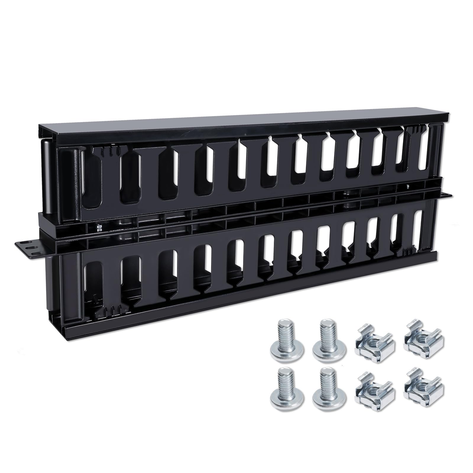 QSFPTEK 1U Cable Management, 24 Slot Horizontal Dual Sided Manager, 19" Rack Rails Wire Management Server Rack, Finger Duct with Cover, 6.85 in. Depth, Network Rack Wire Duct Raceway Panel