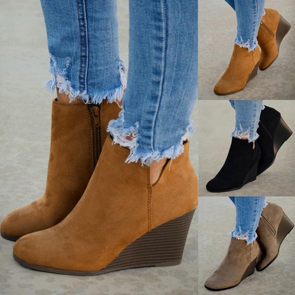 soyienma Boots for Women,Womens Retro Slip-On V-Cut Platform Boots Pointed Toe Ankle Booties Casual Block Heel Short Boots, Z15-black, 9.5-10