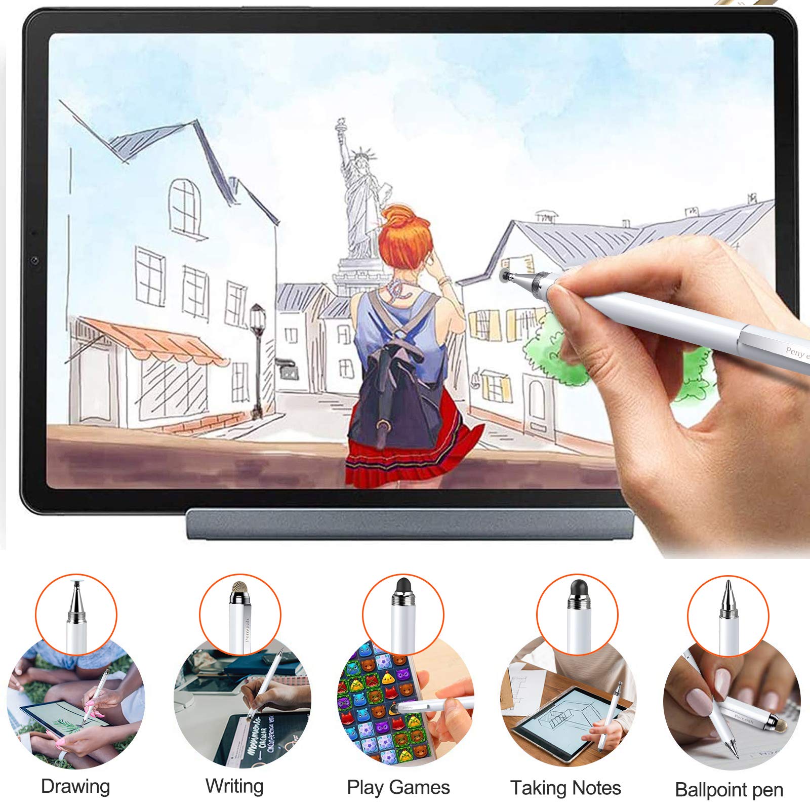 Stylus for Touch Screens - Penyeah DIY 4-in-1 High Sensitivity and Precision Disc Stylus Pen, Universal for iPad, iPhone, Tablets All Capacitive Touch Screens with 4 Replacement Tips - White