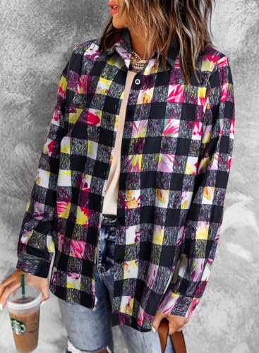 Plaid Jackets for Women Flannel Colorful Plaid Shirt Fall Button Down Blouses Patchwork Casual Long Sleeve Shirts