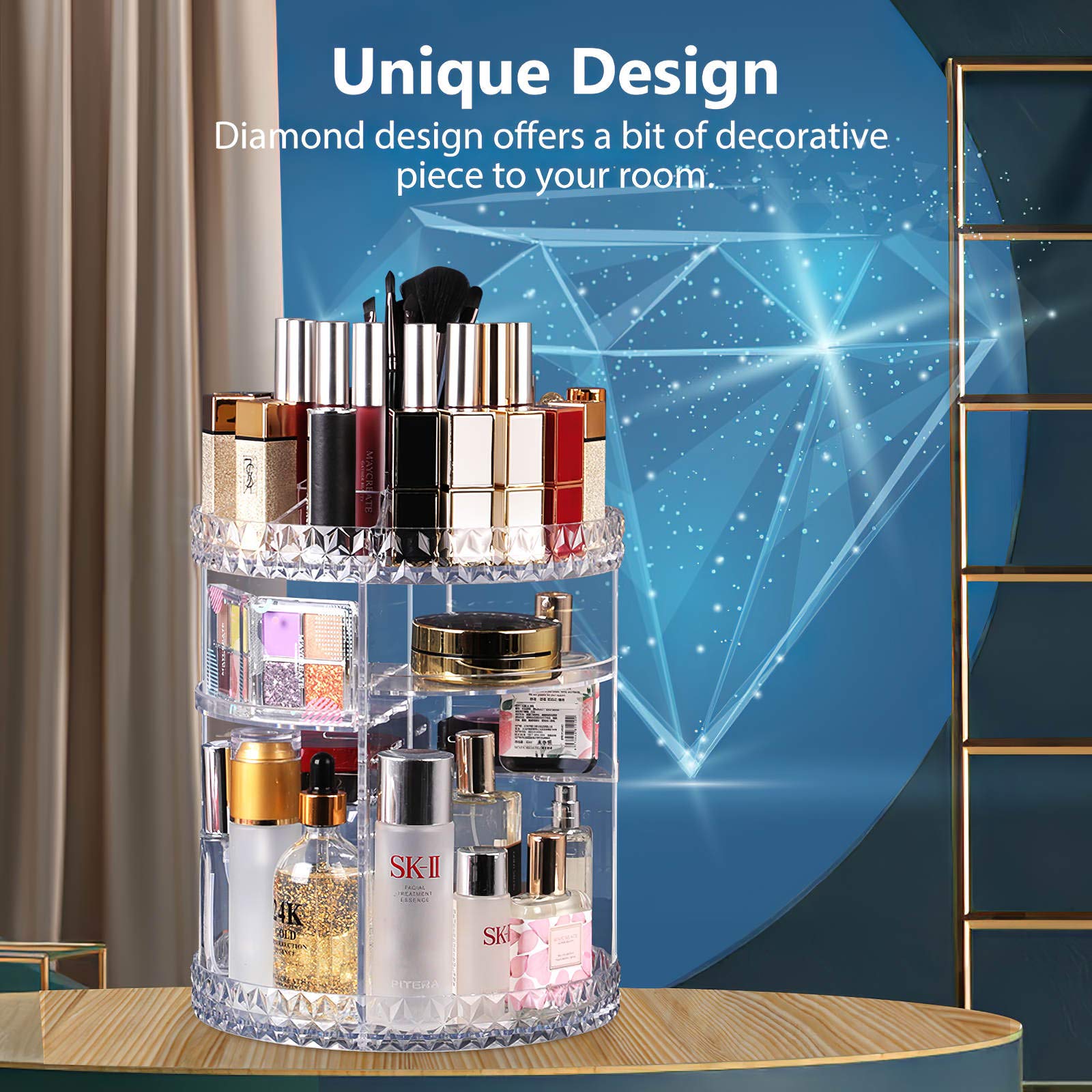 Syntus Makeup Organizer 360 Rotating, DIY Adjustable Bathroom Makeup Carousel Spinning Holder Rack, Large Capacity Cosmetics Storage Box, Fits Makeup Brushes, Lipsticks, Clear