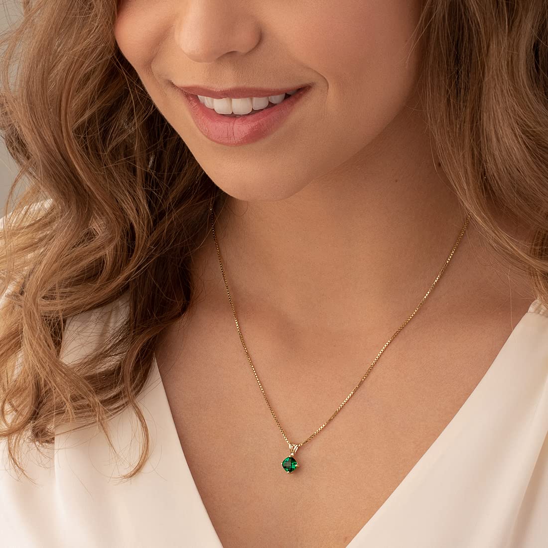 PEORA 14K Yellow Gold Created Emerald Pendant for Women, Classic Solitaire, 0.75 Carat, Cushion Cut, 6mm, AAA Grade