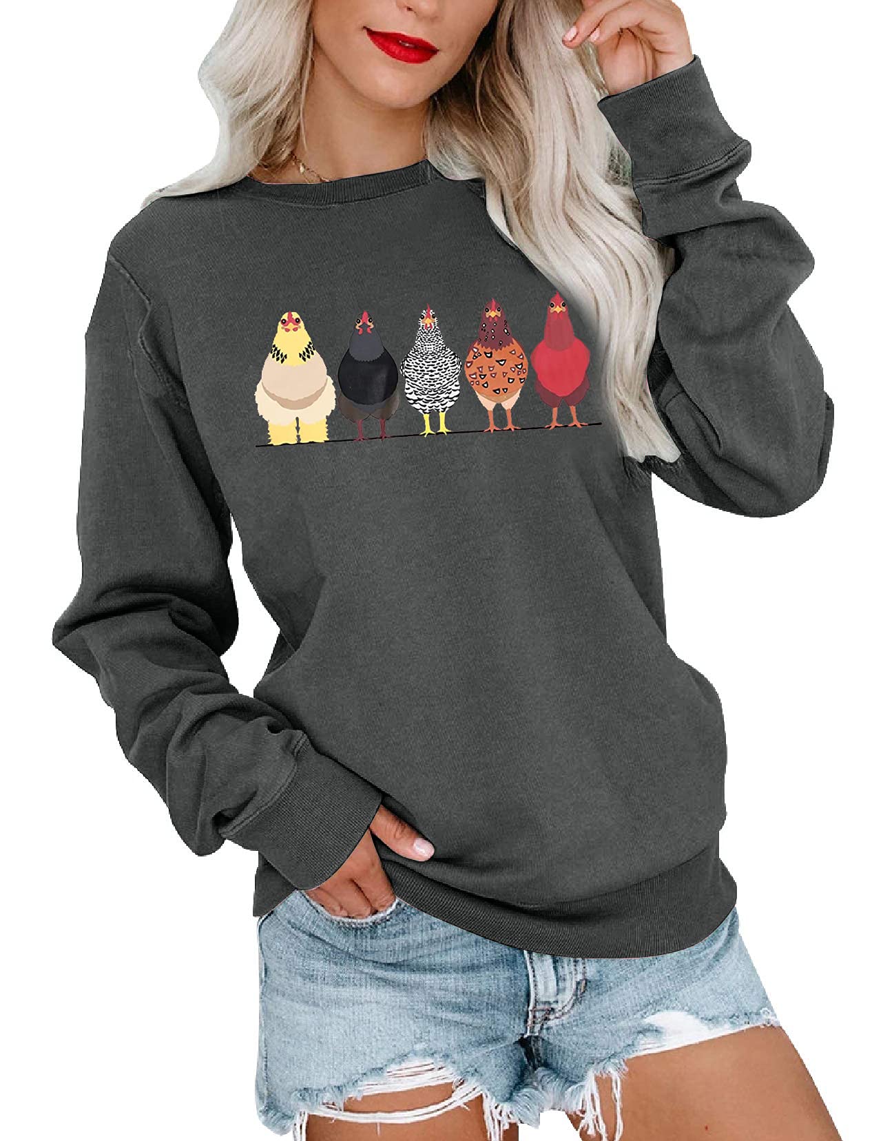 VILOVE Cute Sweatshirts for Women Chicken Graphic Long Sleeve Crew Neck Pullover Casual Fall Tops Shirts Green