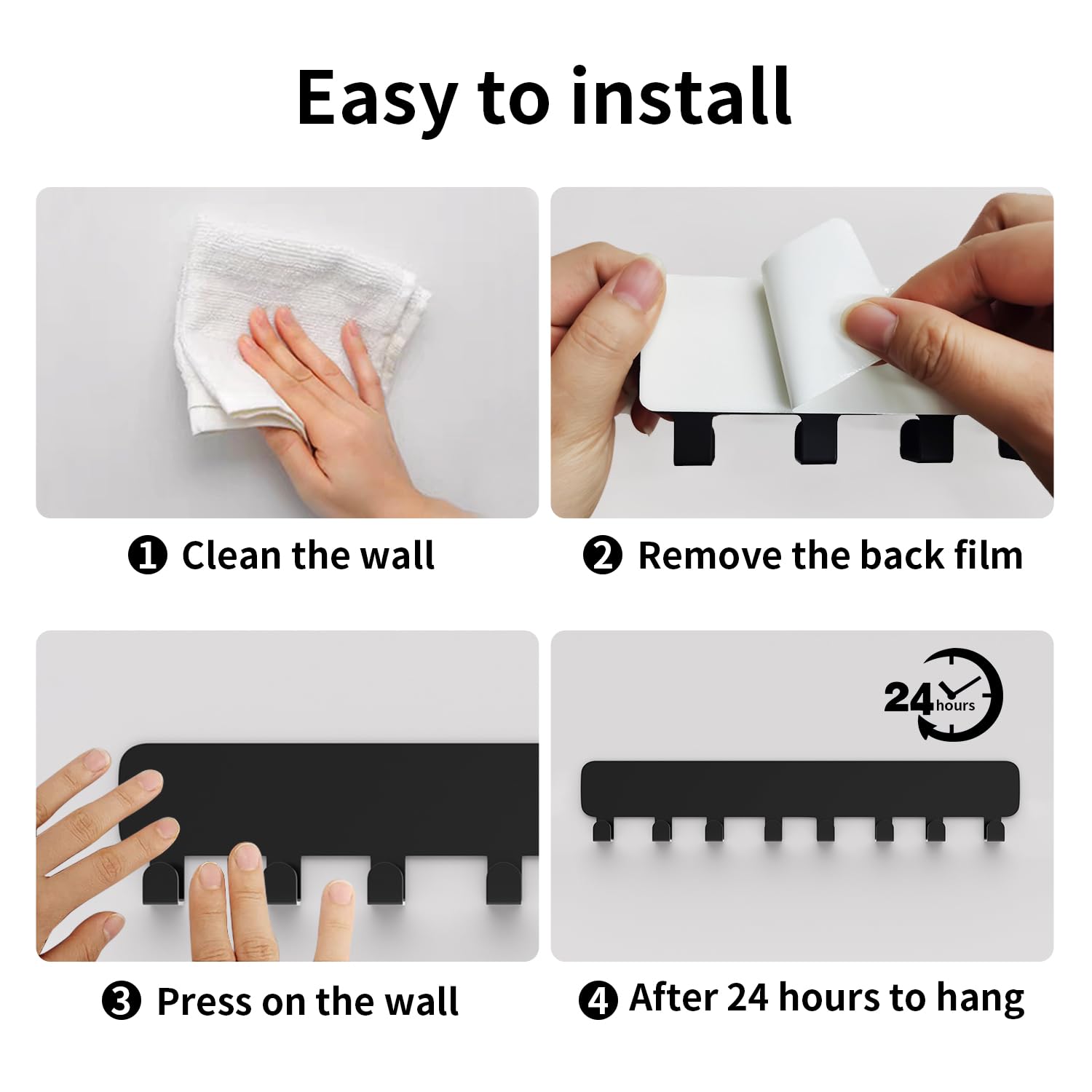 pickpiff 2 Pack Key Holder for Wall Adhesive, Key Hooks with 8 Hooks Wall Mounted, Black Key Hangers for Wall Decor No Drill for Living Room, Kitchen, Office