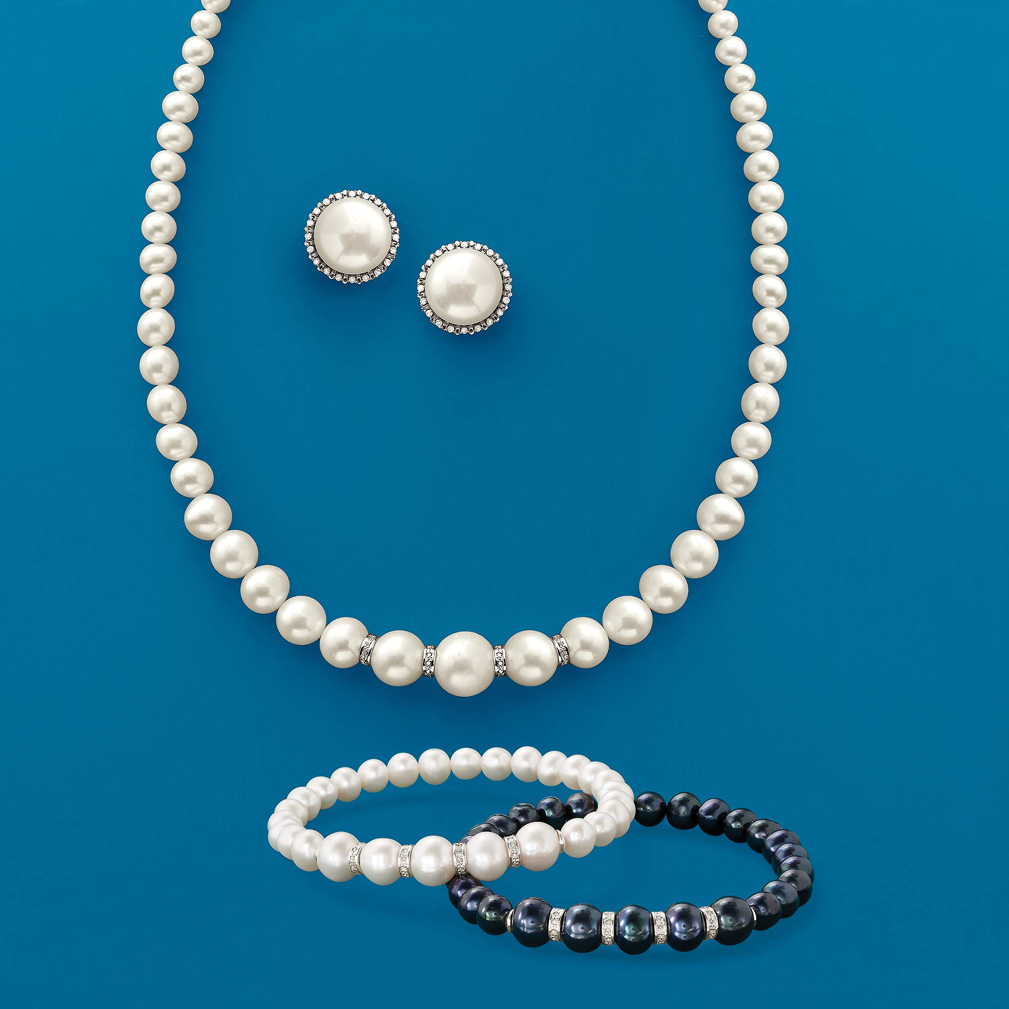Ross-Simons 5-11.5mm Graduated Cultured Pearl Necklace With .24 ct. t.w. Diamonds and Sterling Silver. 16 inches