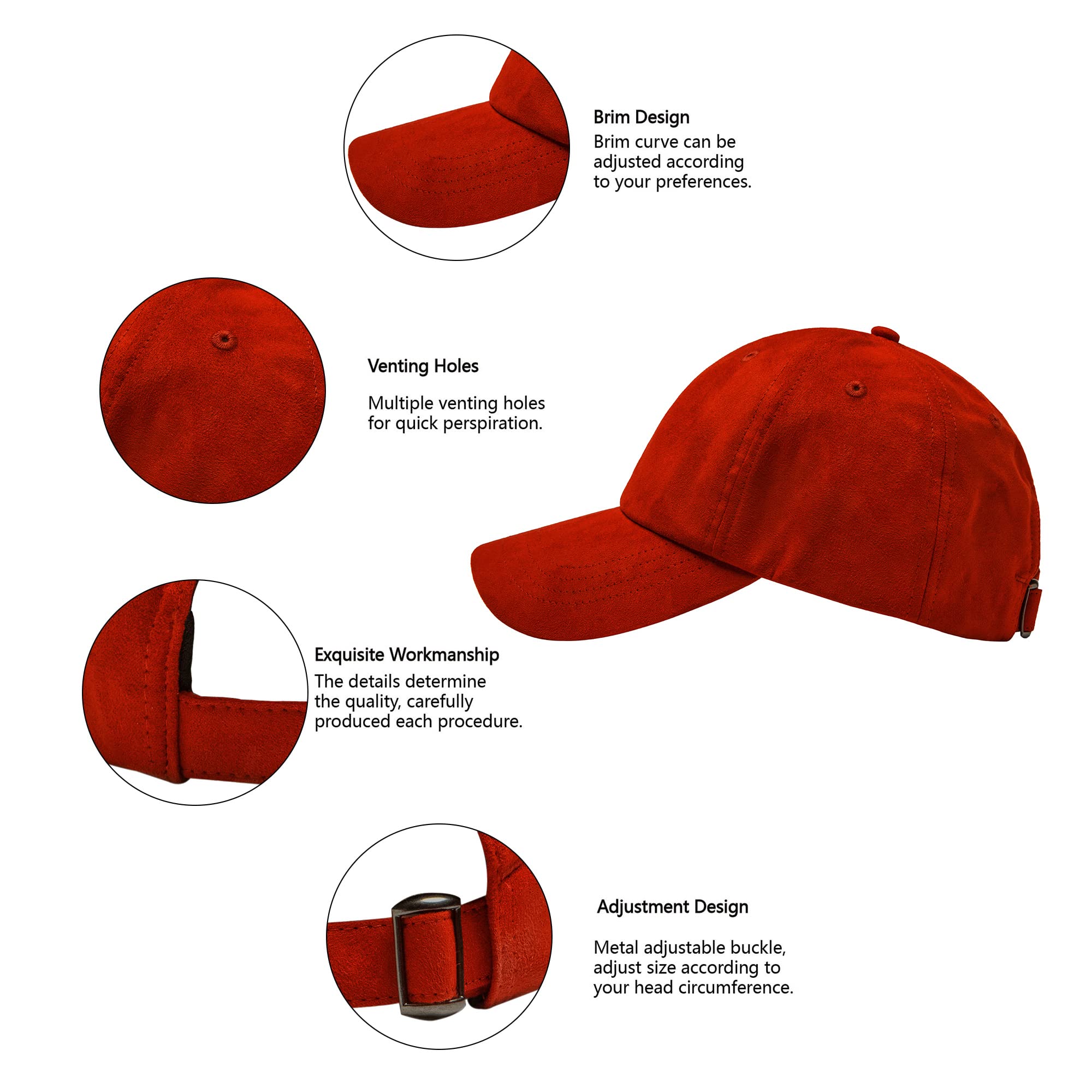 zowya Unisex Plain Faux Suede Baseball Cap Women Men Adjustable Fitted Dad Hat Stylish Vintage Red